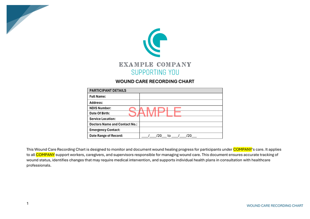 Wound Care Recording Chart | NDIS Compliance Document for Support ...